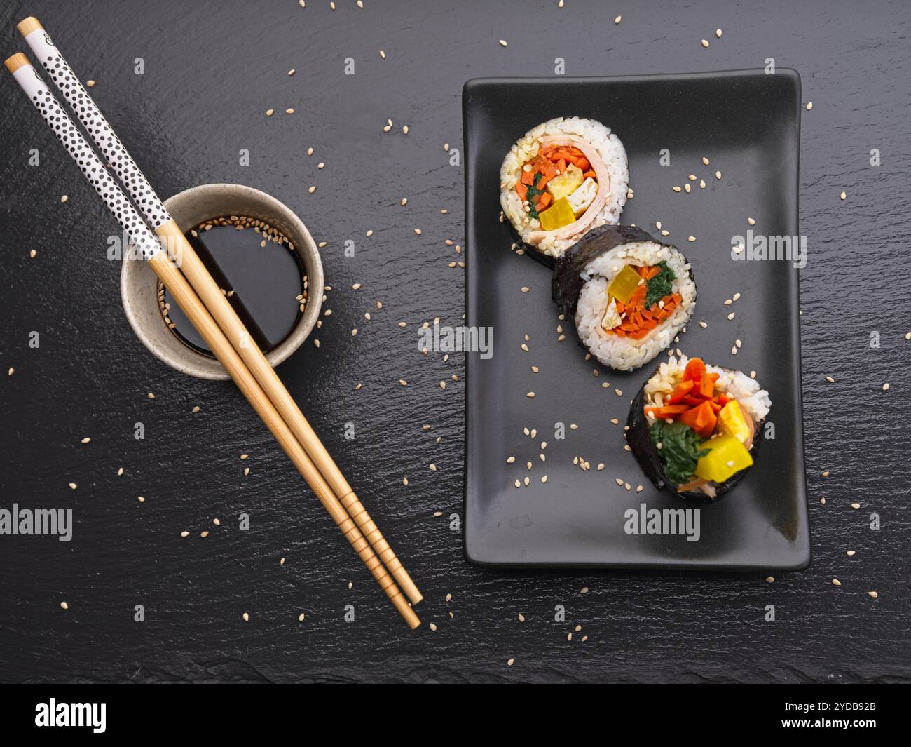 Top view of Korean kimbap and soy sauce Stock Photo - Alamy