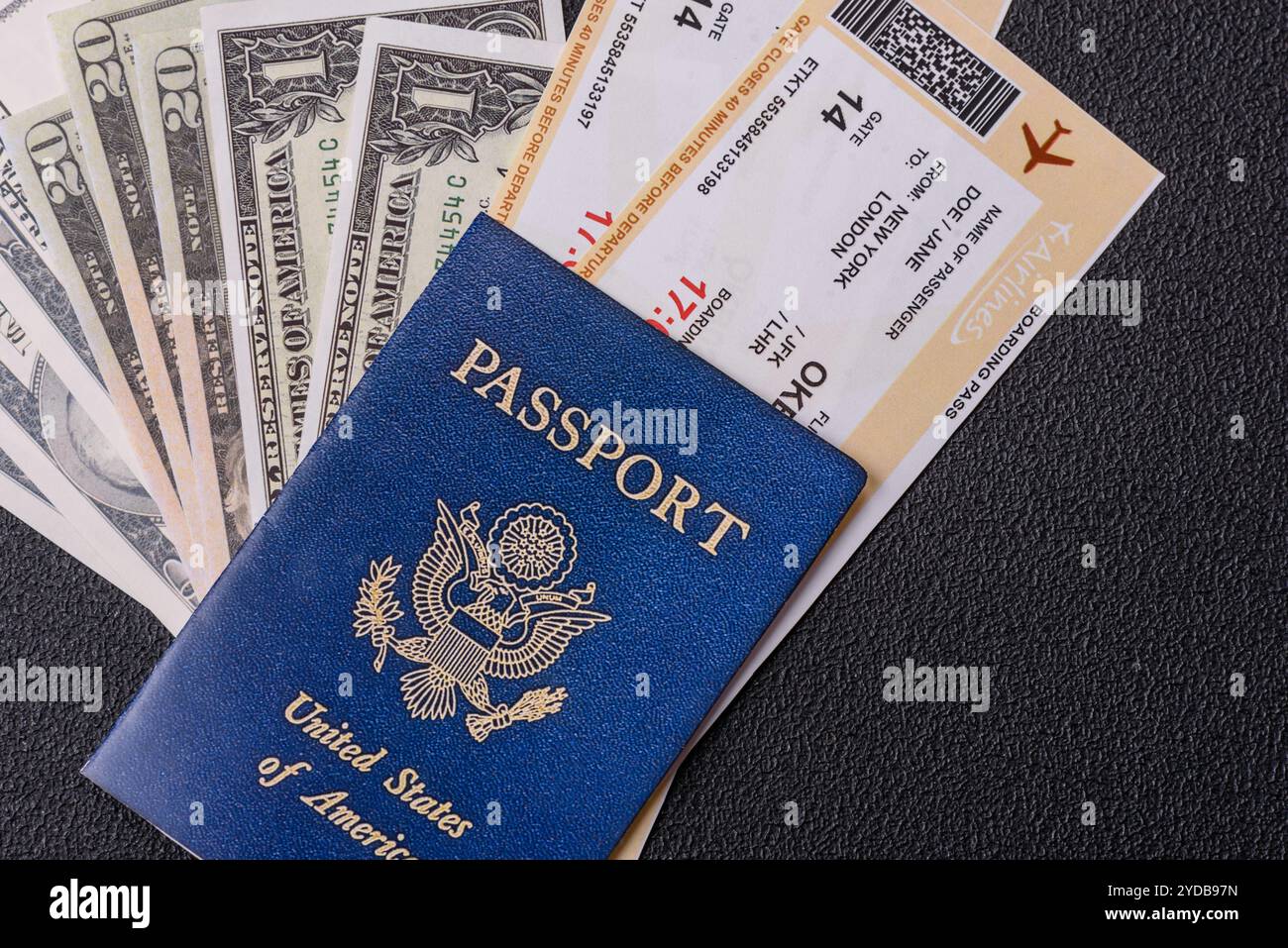 United States of America passport, airline tickets and money Stock ...