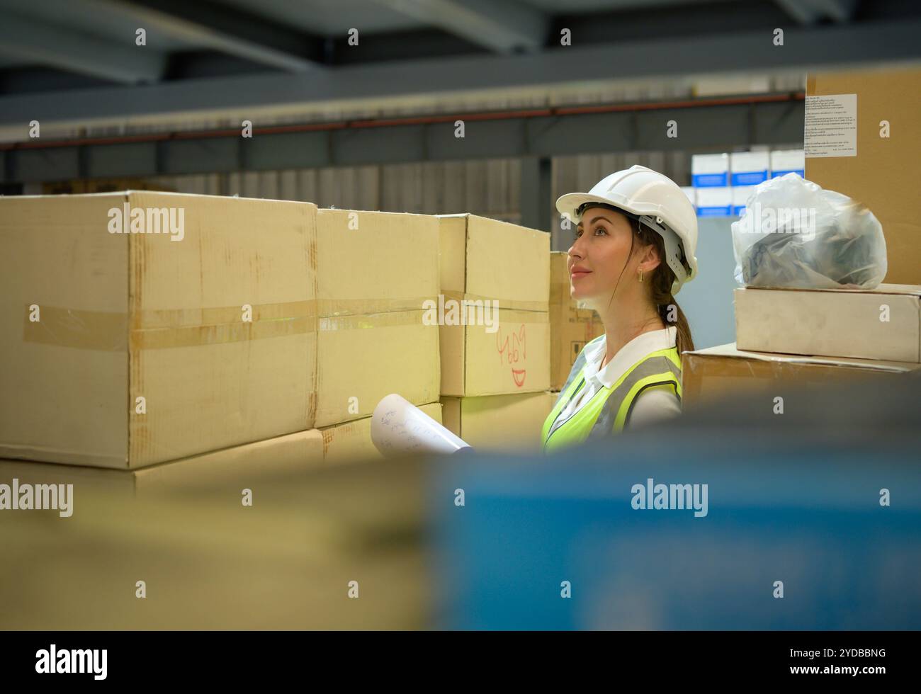 Female warehouse worker Counting items in an industrial warehouse on ...