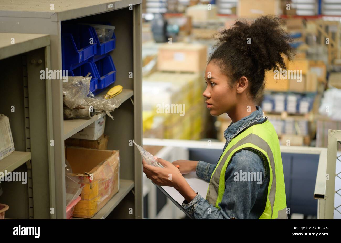 Female warehouse worker Counting items in an industrial warehouse on ...