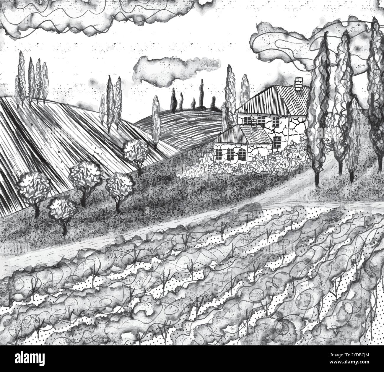 A beautifully sketched landscape that showcases rolling hills in the ...