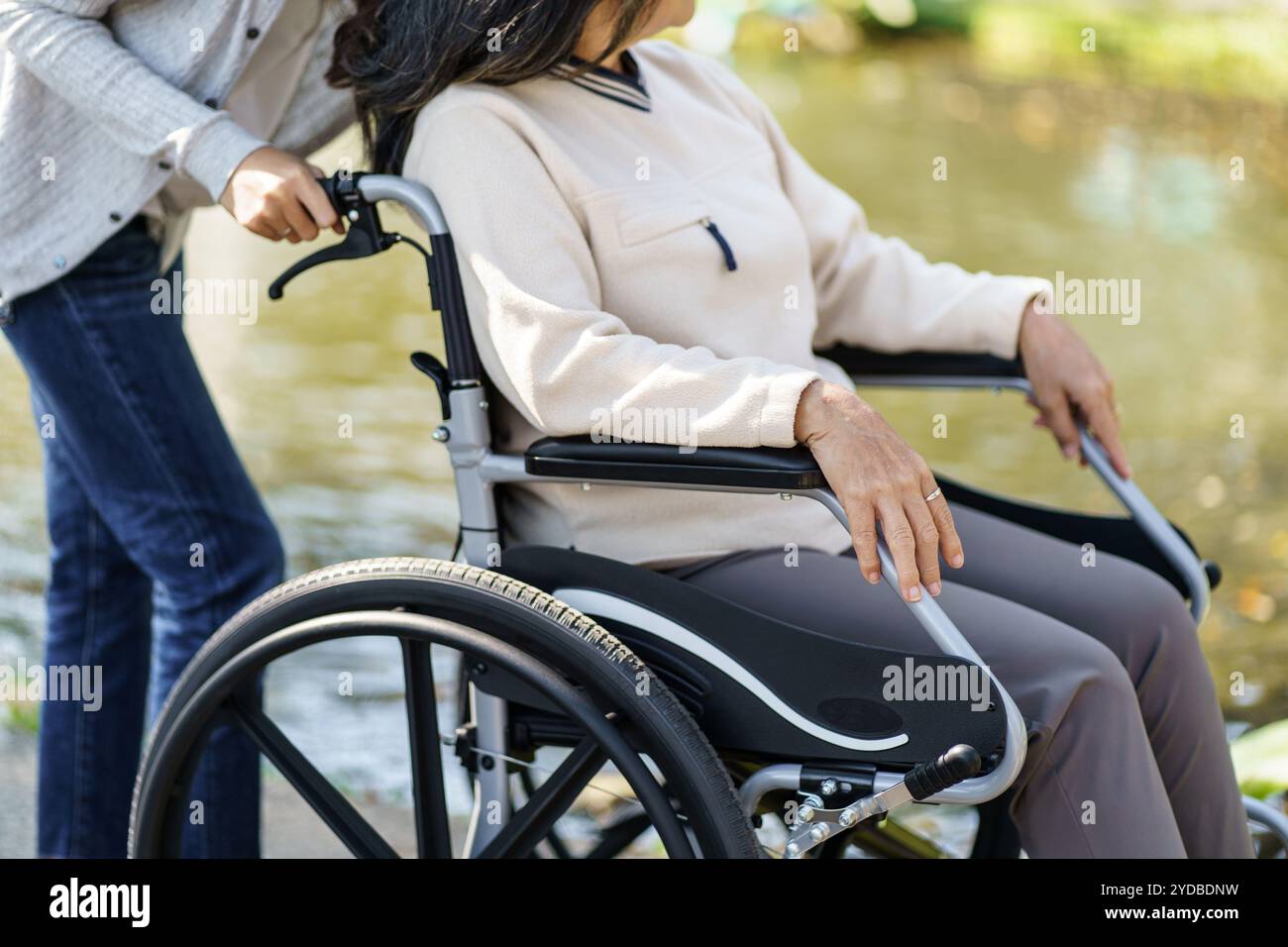 Nursing home. Young caregiver helping senior woman in wheelchair Stock ...
