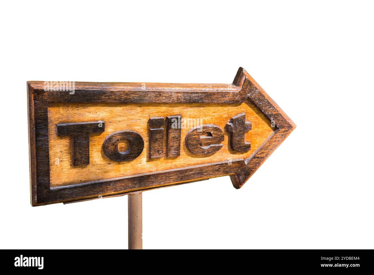 A rustic wooden toilet sign featuring an arrow for guiding people to ...