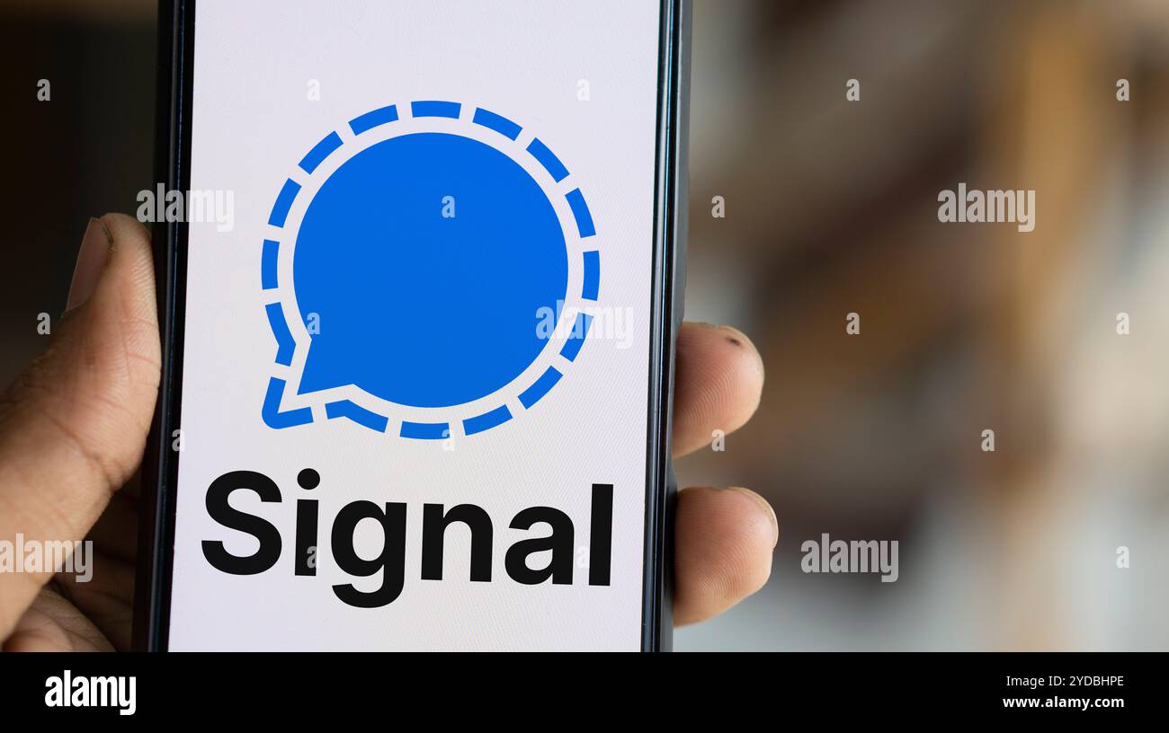 Dhaka, Bangladesh- 27 July 2024: Signal logo is displayed on smartphone ...