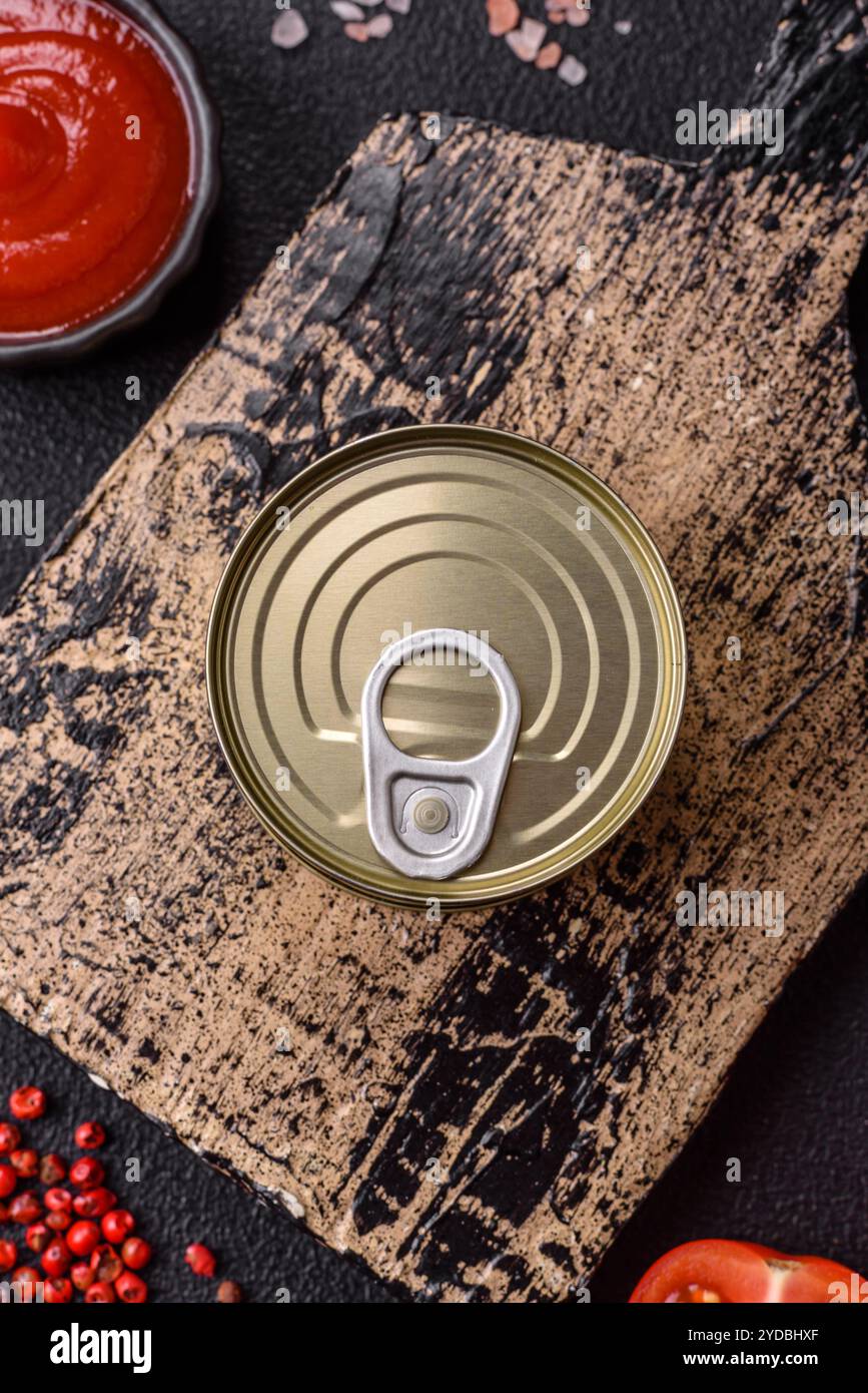Round metal can with canned meat or fish with a key to open it on a ...
