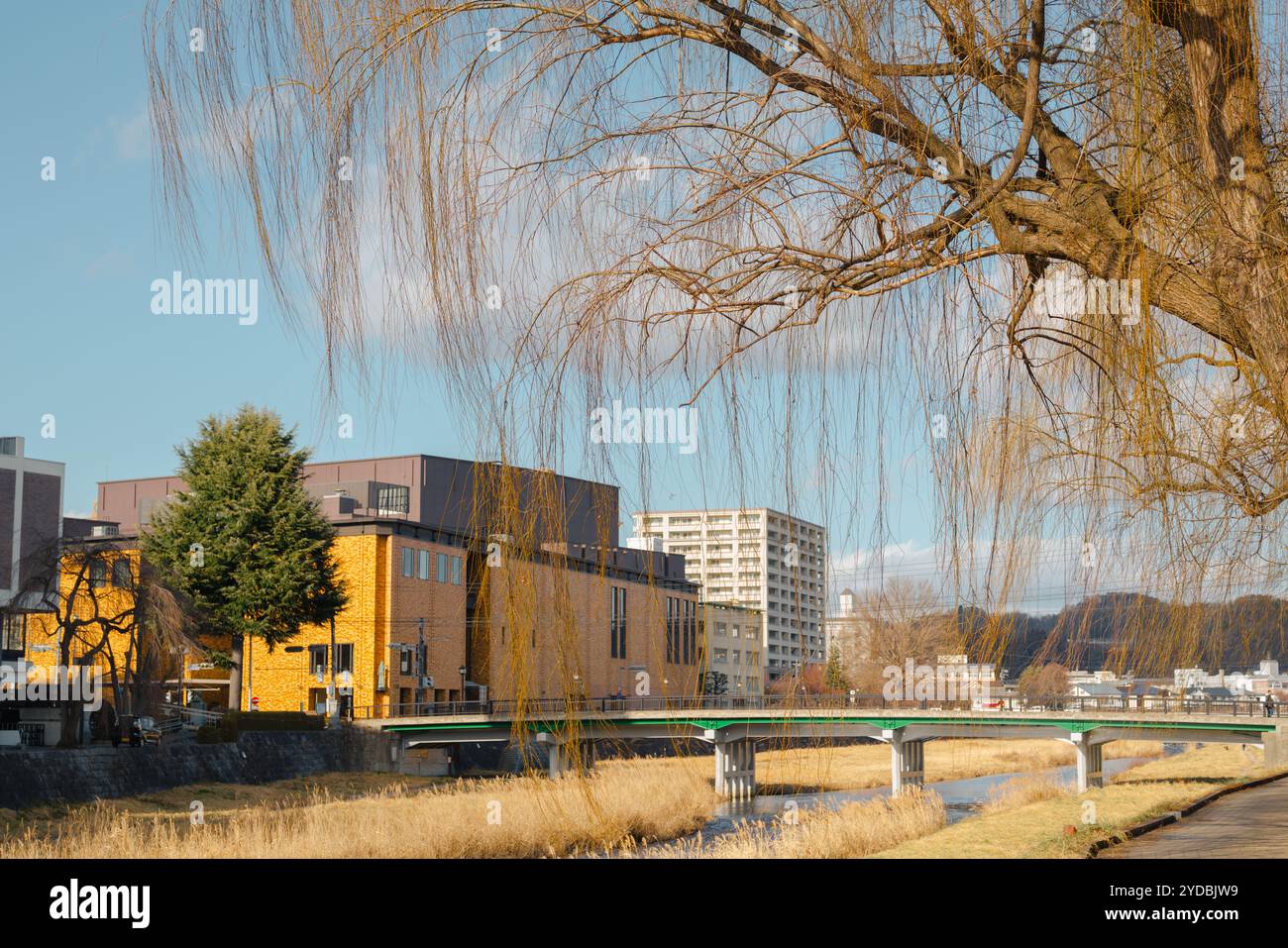 Winter of riverside park and rural city view in Morioka, Iwate, Japan ...