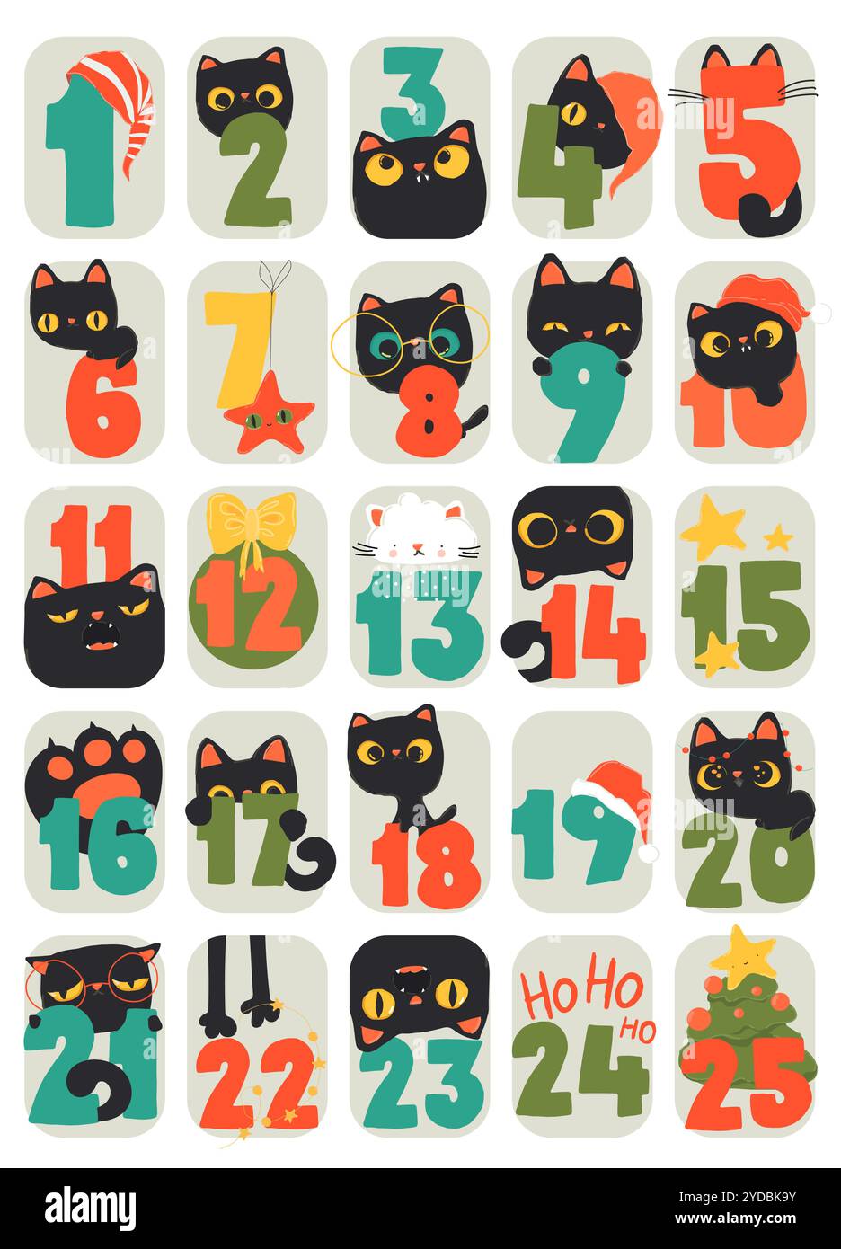 Cute Cartoon Advent Calendar with Funny Cats and Christmas Elements ...