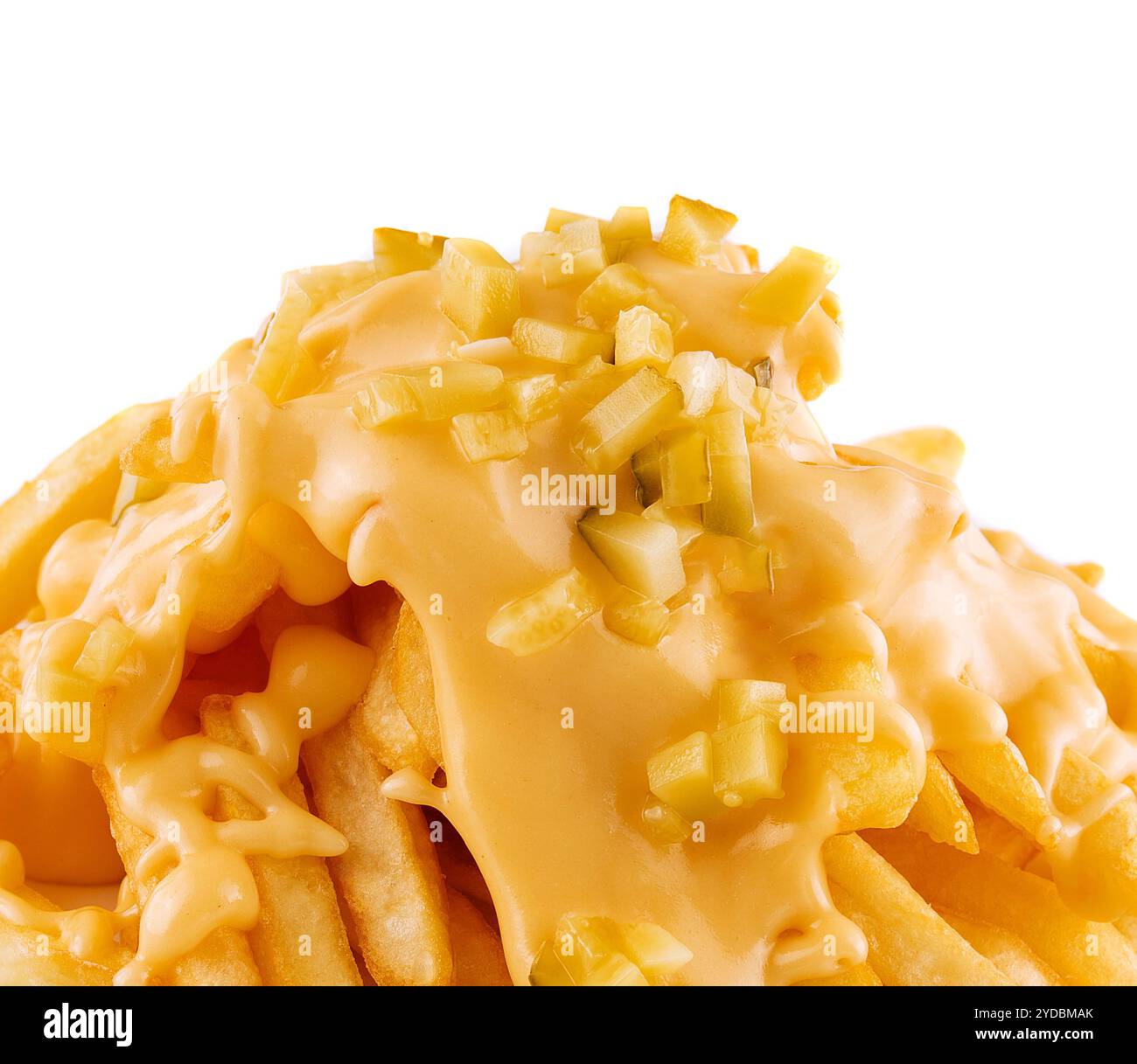 Pouring cheese sauce on french fries on white background Stock Photo ...