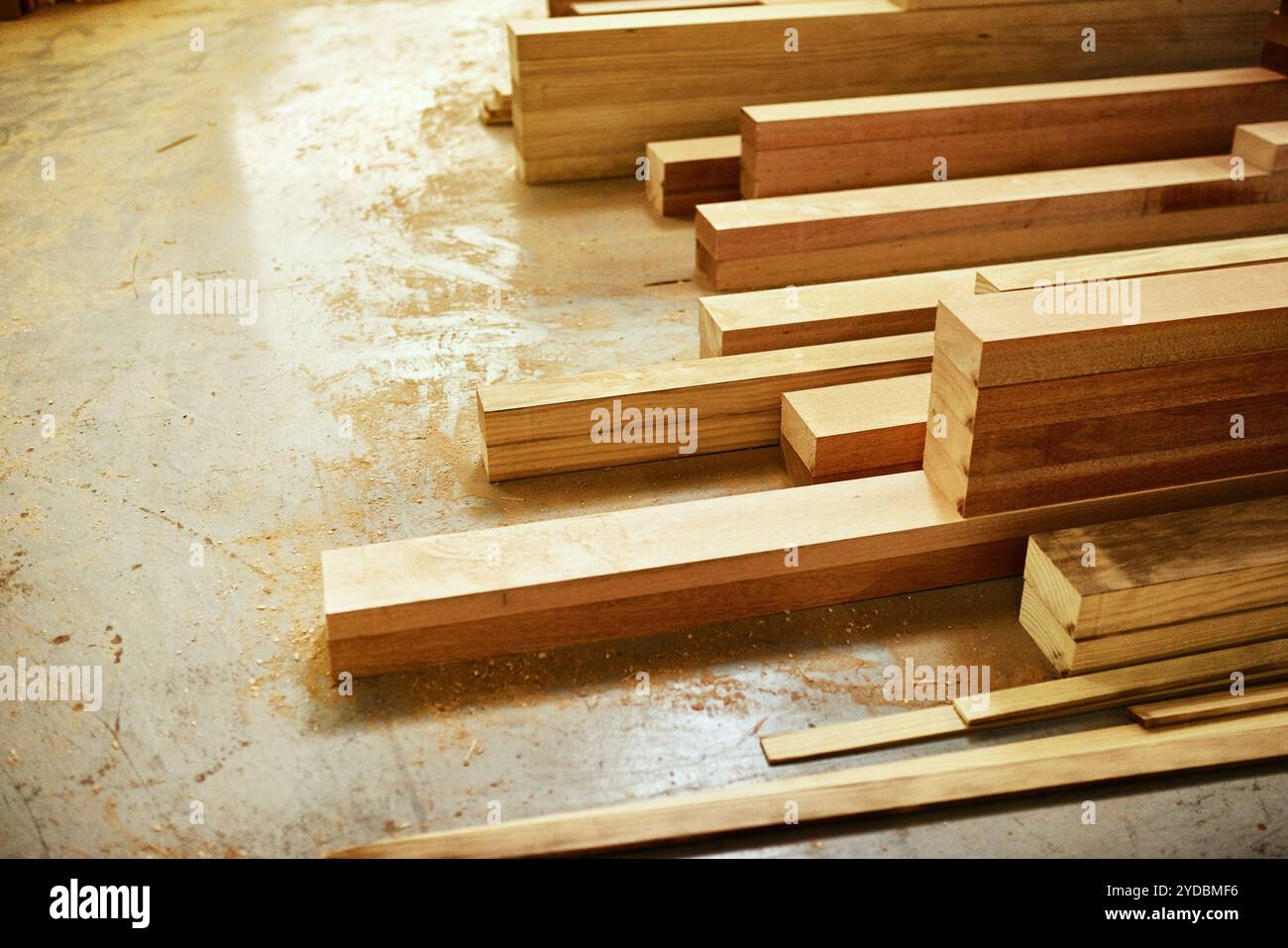 Carpentry, warehouse and beam of wood in workshop for manufacturing ...