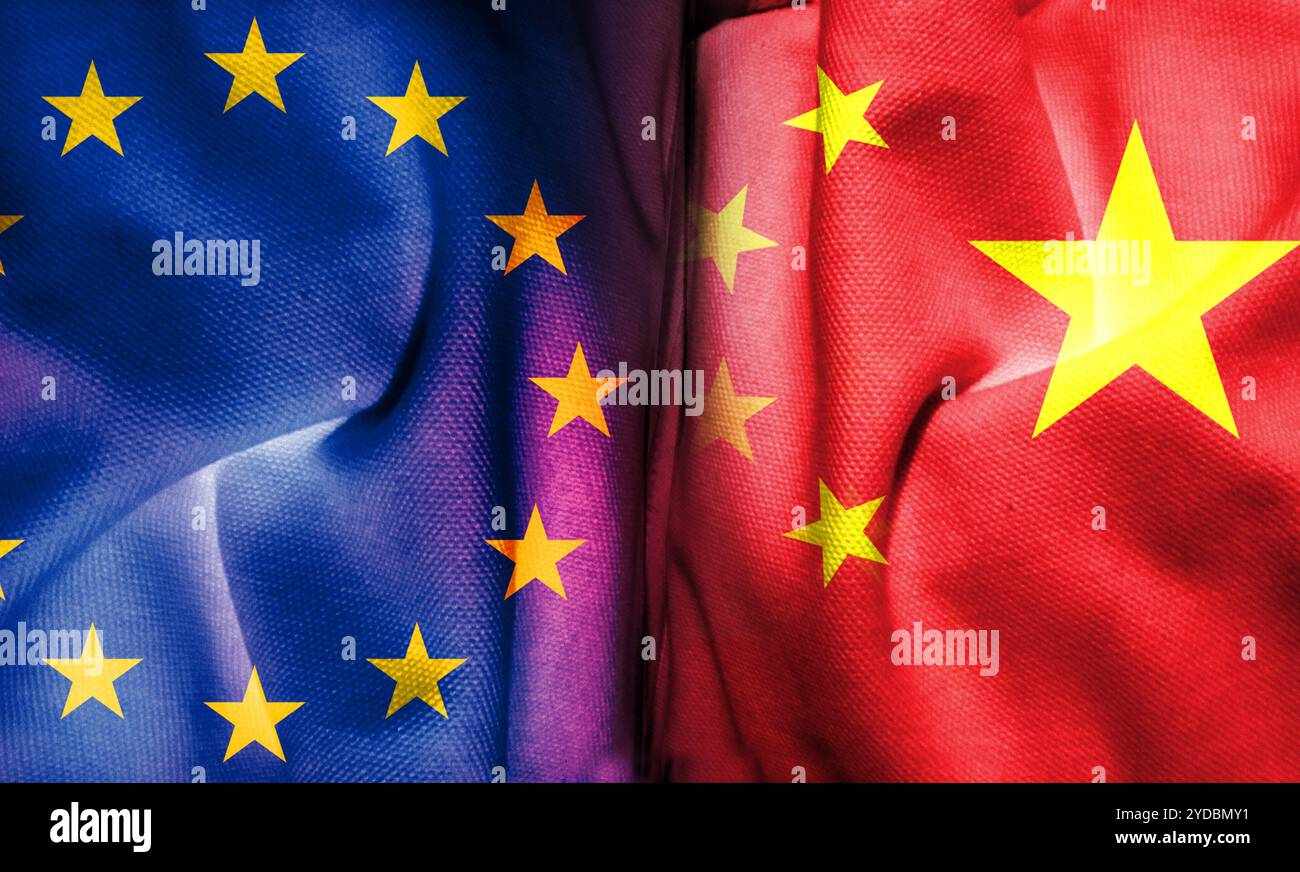 The Chinese flag and the European Union flag are made of fabric ...