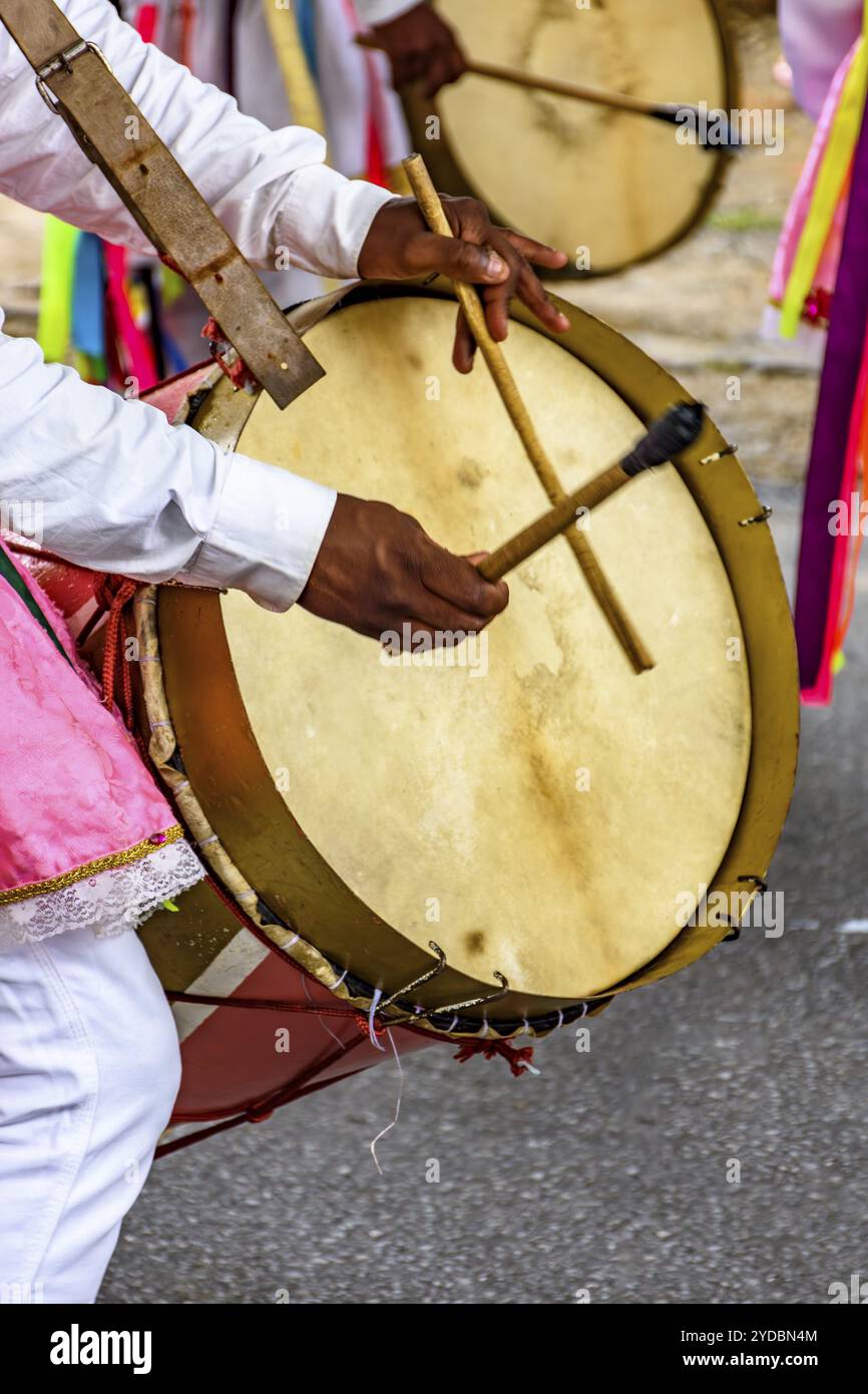 Drummers with colorful musical instruments on the streets of Brazil ...