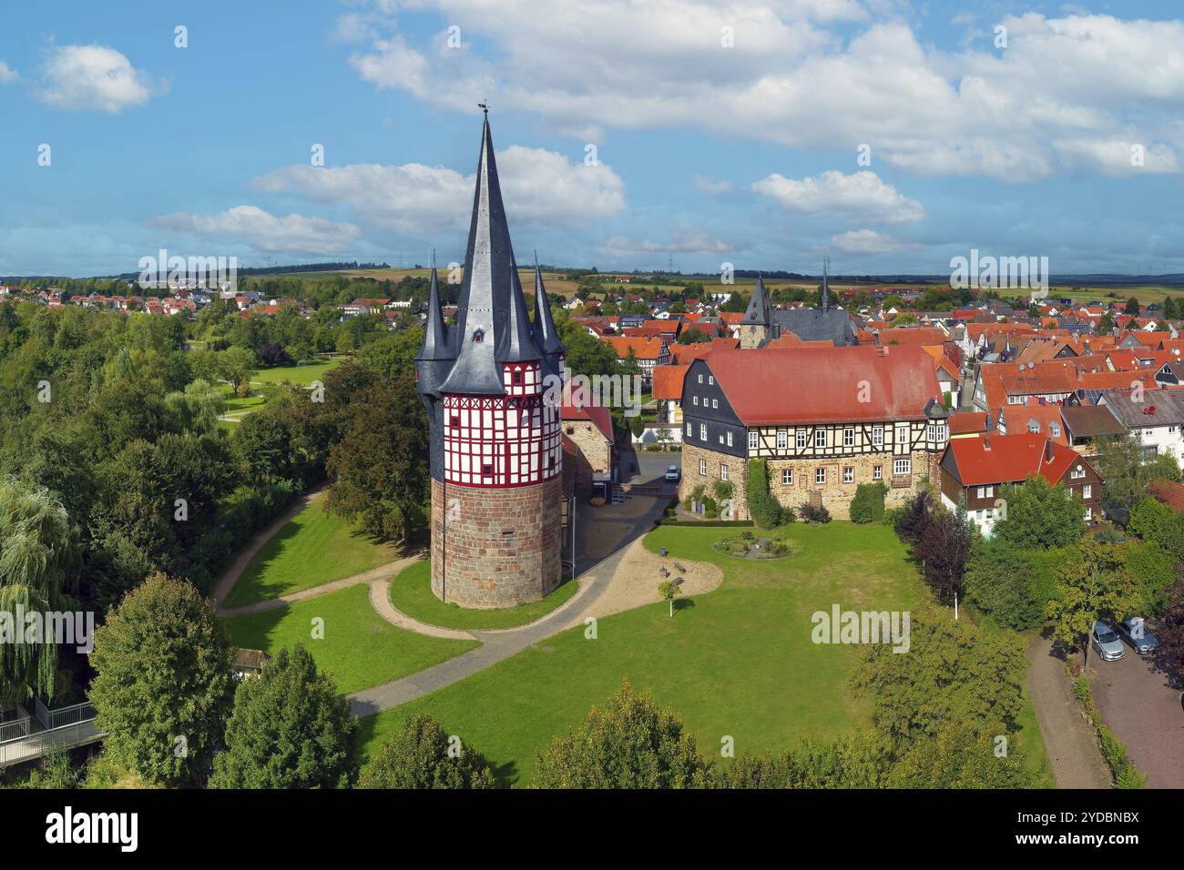 Aerial view, Junker Hansen Tower, fortified defence tower, residential ...