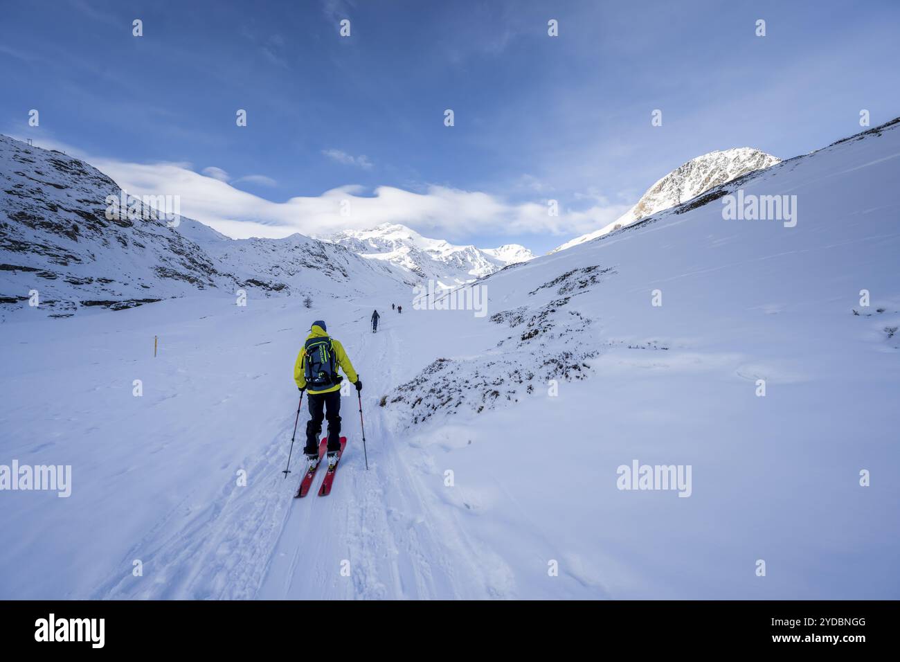 Ski tourers ascending in the rear Martell Valley, snow-covered mountain ...