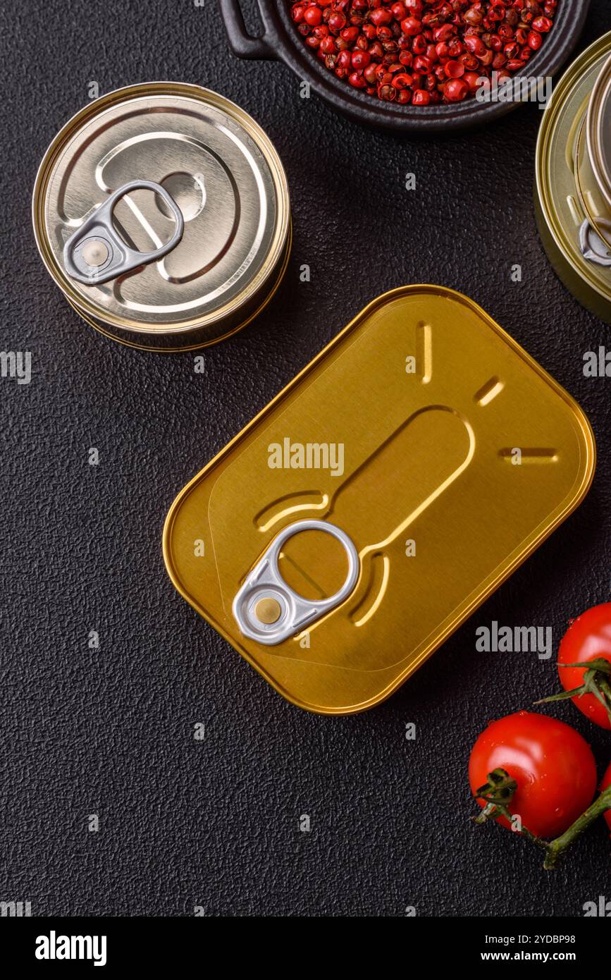 Metal can with canned meat or fish with a key to open it on a dark ...