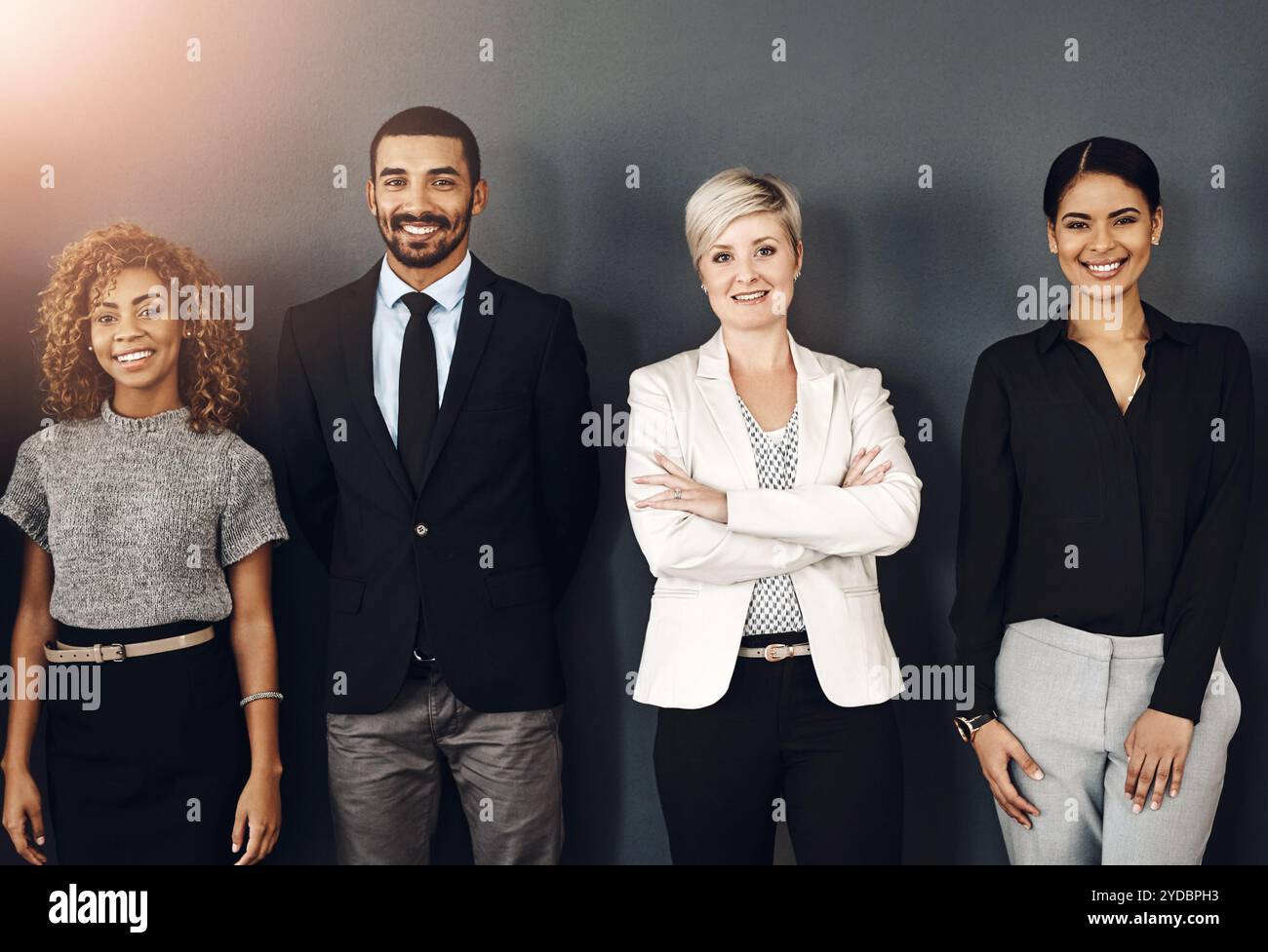 Diversity, support and portrait of business people in studio for smile, community and teamwork ...