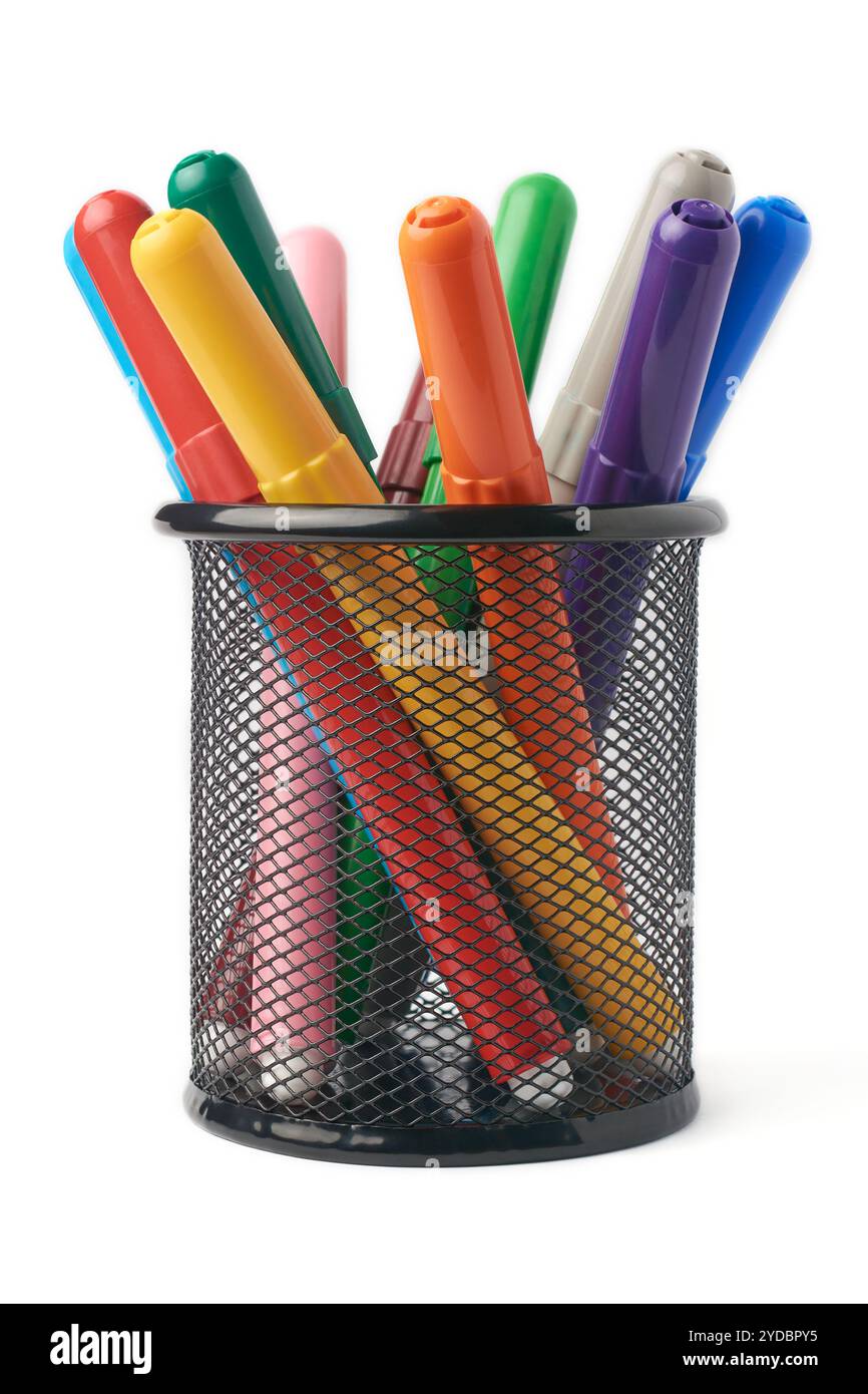 colorful felt tip pens displayed in black metal pencil holder isolated white background, desk or ...
