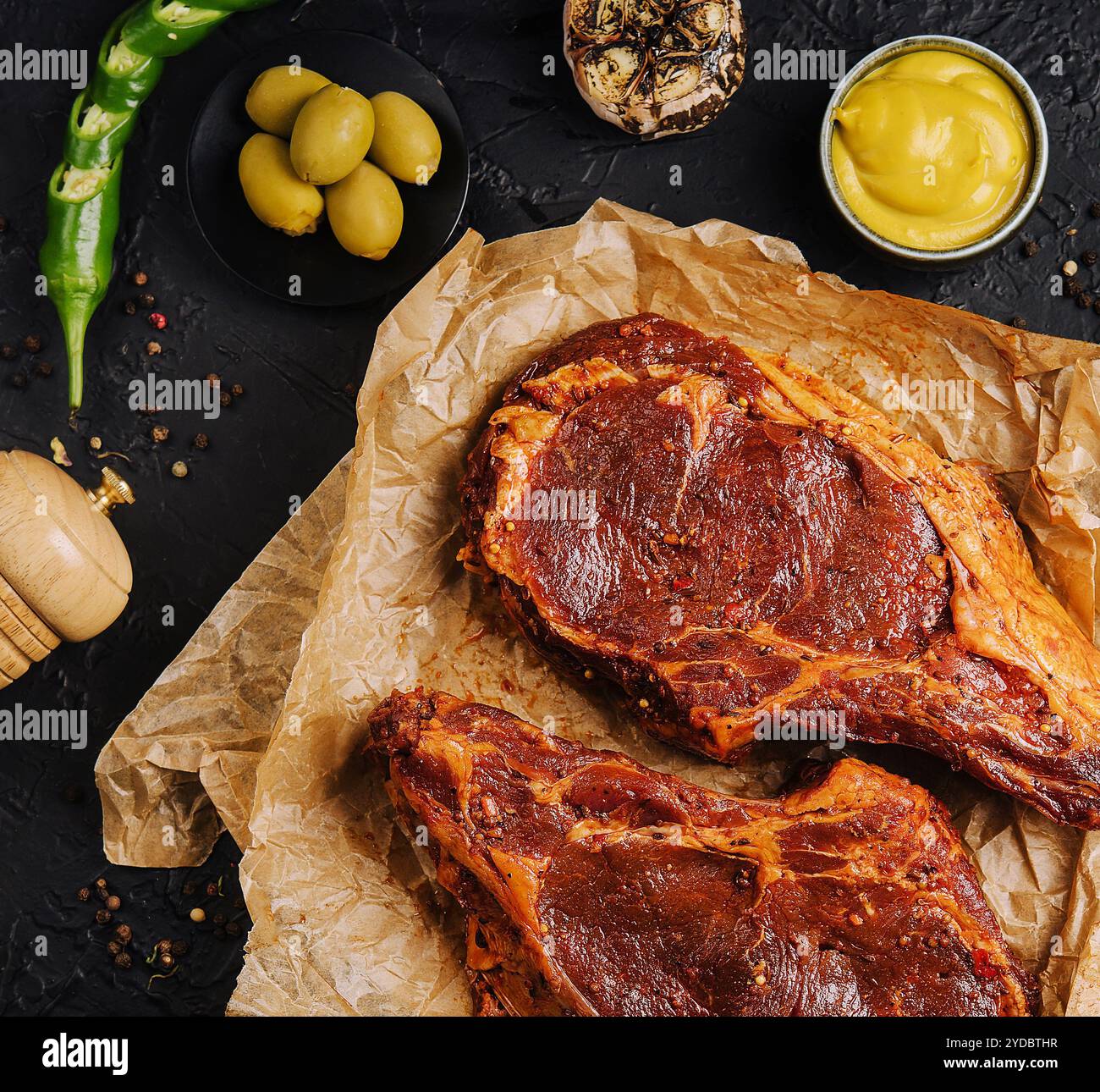 Marinated t bone beef steak top view Stock Photo - Alamy