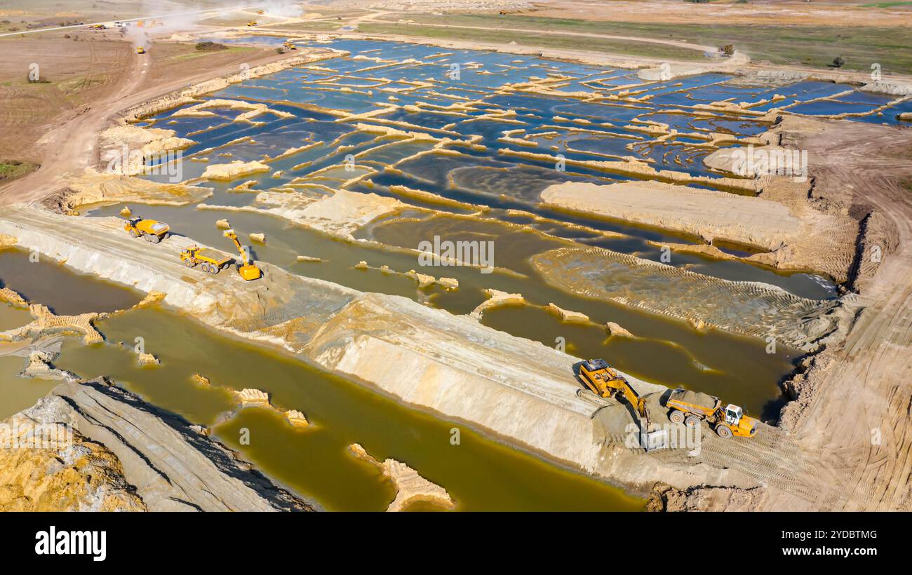 Above view over opencast surface sand mining, mine sand pit. Big ...