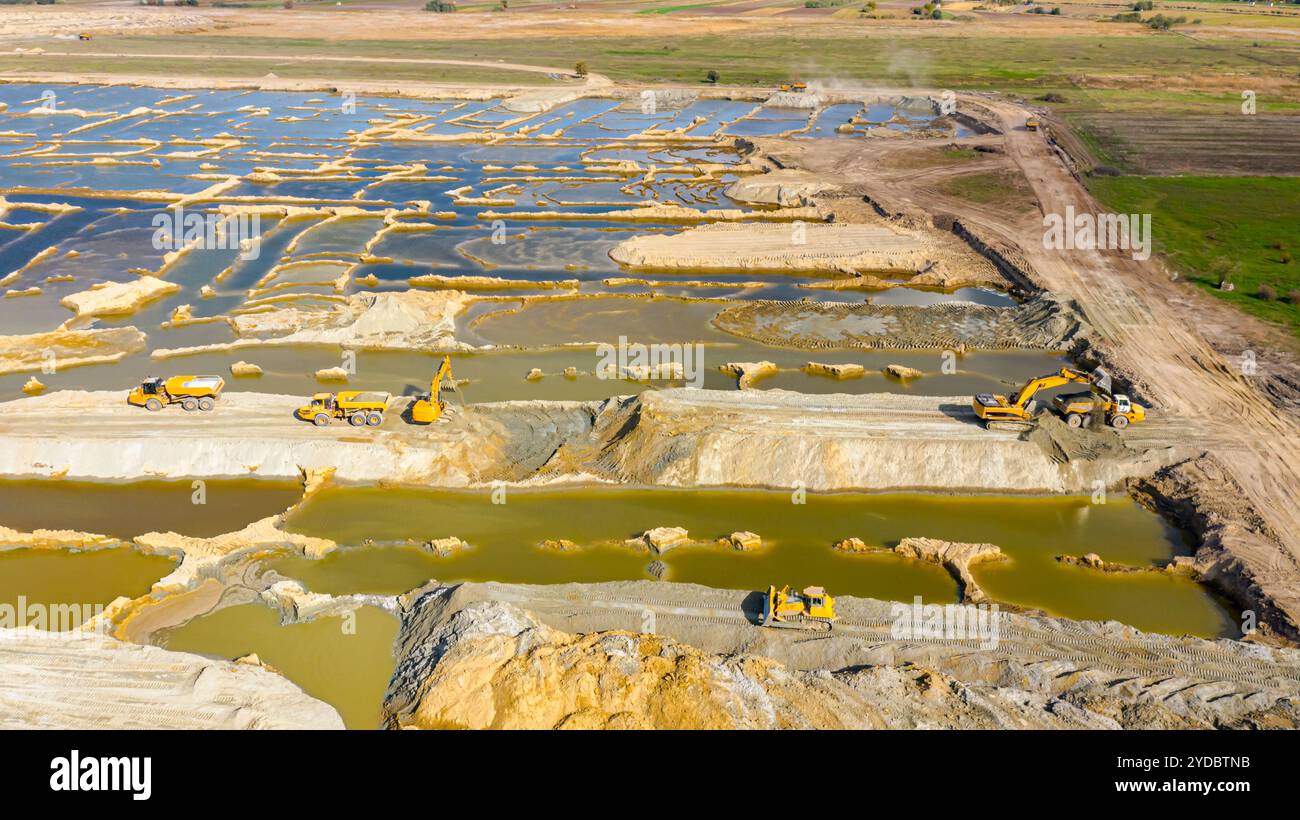 Above view over opencast surface sand mining, mine sand pit. Big ...