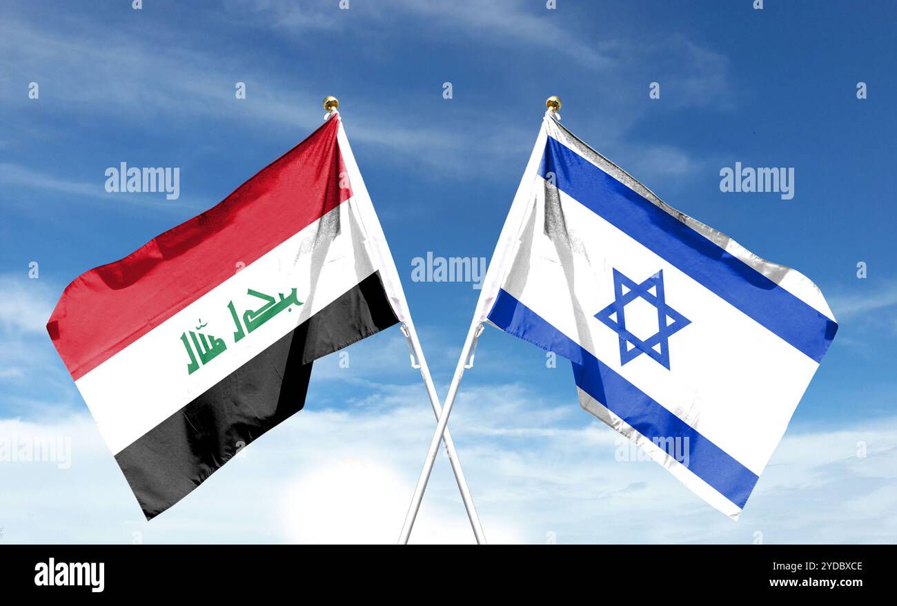 Israeli flag and Iraqi flag on cloudy sky. flying in the sky Stock ...