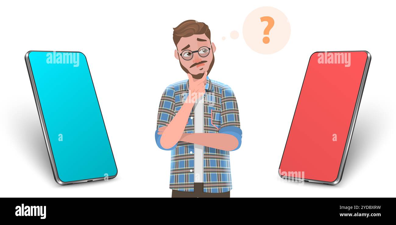3D Conceptual Illustration of Smartphone comparison, Man is Choosing ...