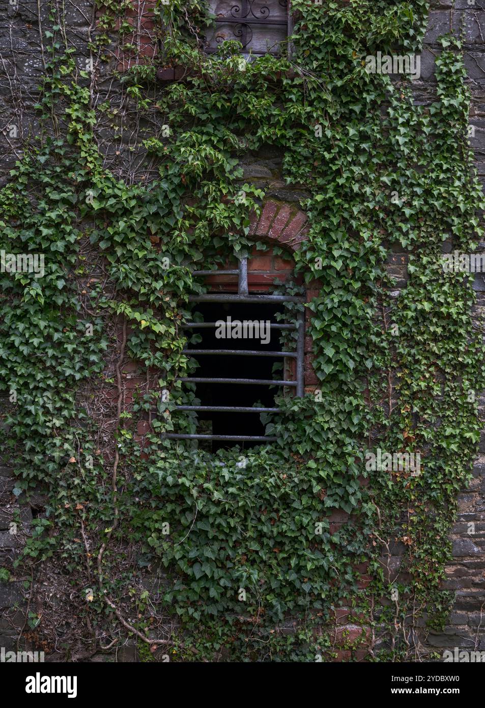 The wall of an abandoned, industrial building shows crumbling stone and ...