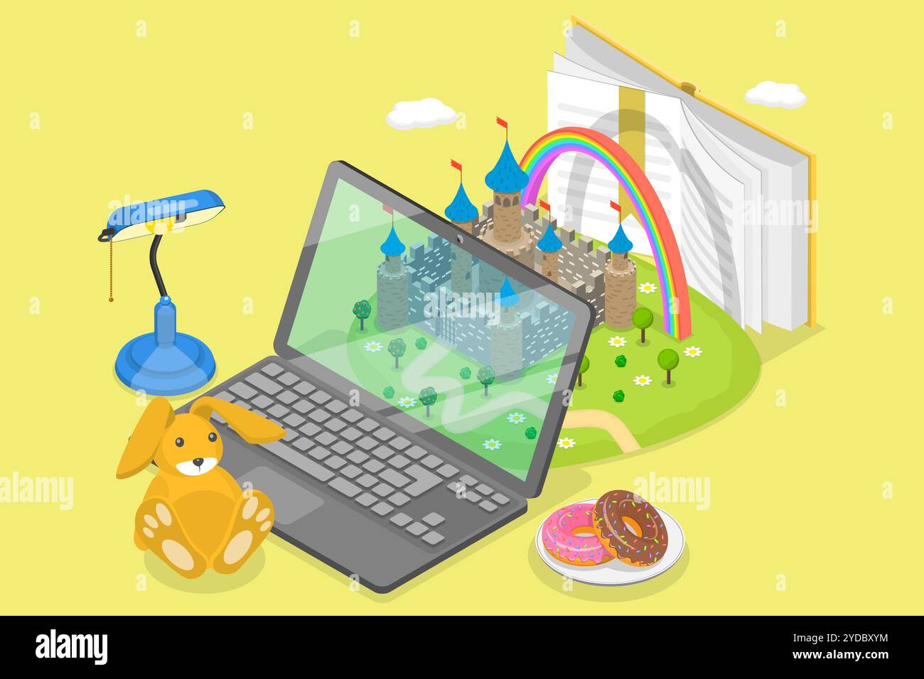 3D Isometric Flat Conceptual Illustration of Child Reading Online, E ...