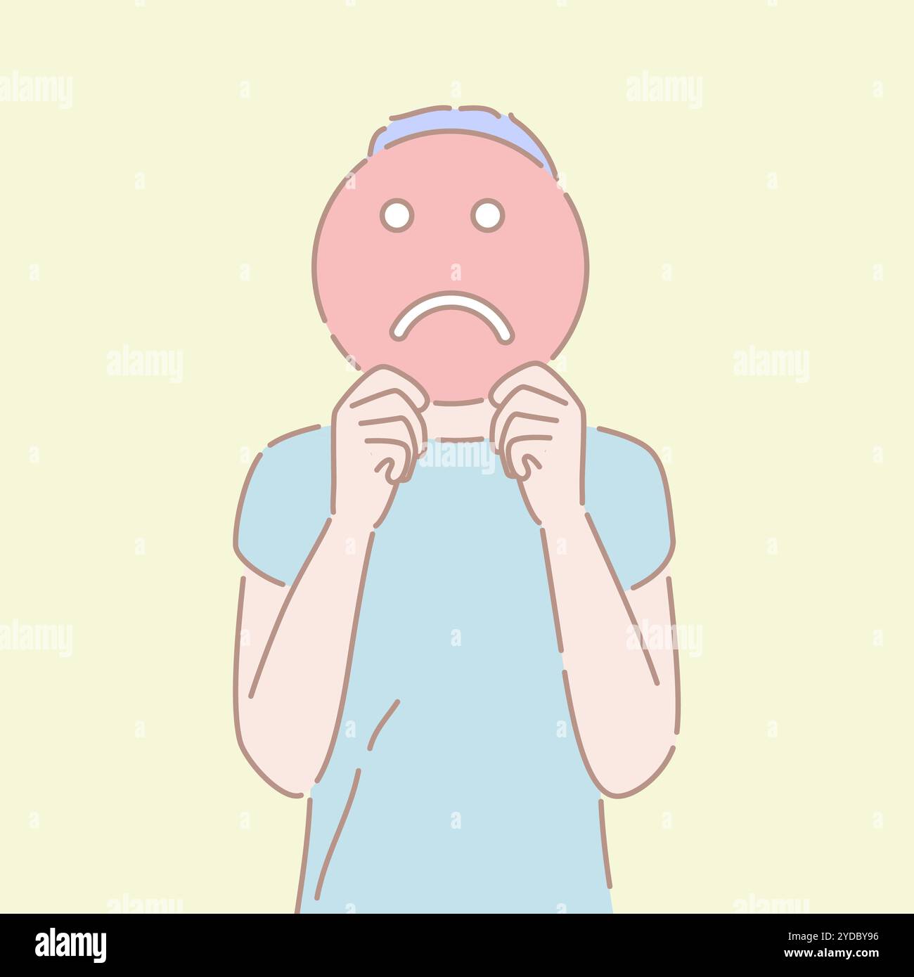 Hand drawn style illustration of a man holding an sad emoji sign in ...