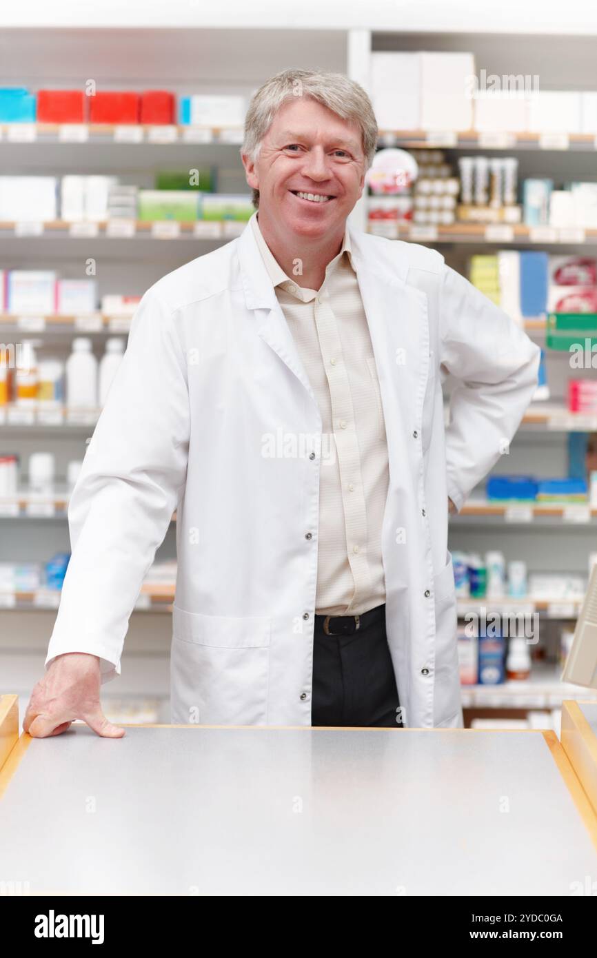 Happy man, pharmacist and portrait at counter for healthcare, friendly ...