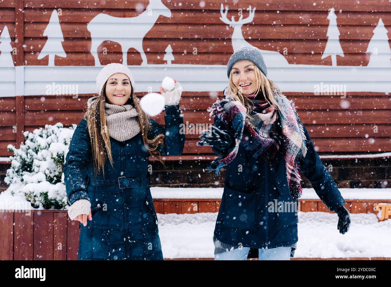 Two young happy smiling caucasian women in the snowfall throw snowballs ...