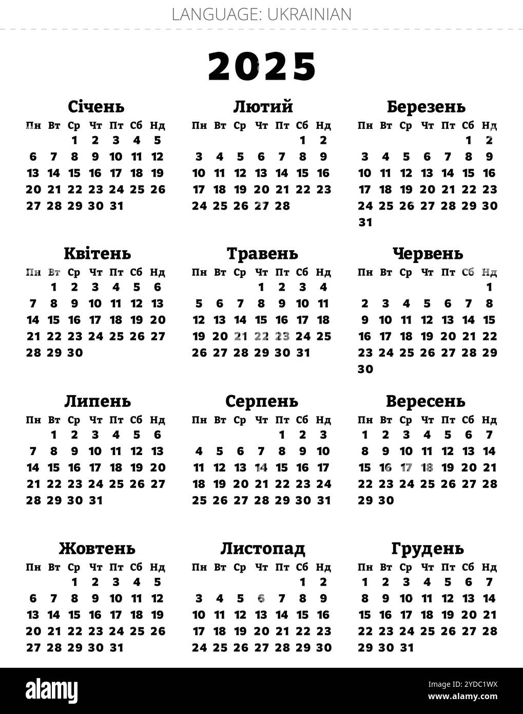 2025 year ukrainian annual calendar for Ukraine. Vector template ...