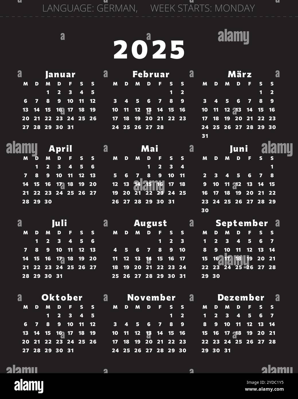 2025 year GERMAN calendar. Vector illustration for Germany on black ...
