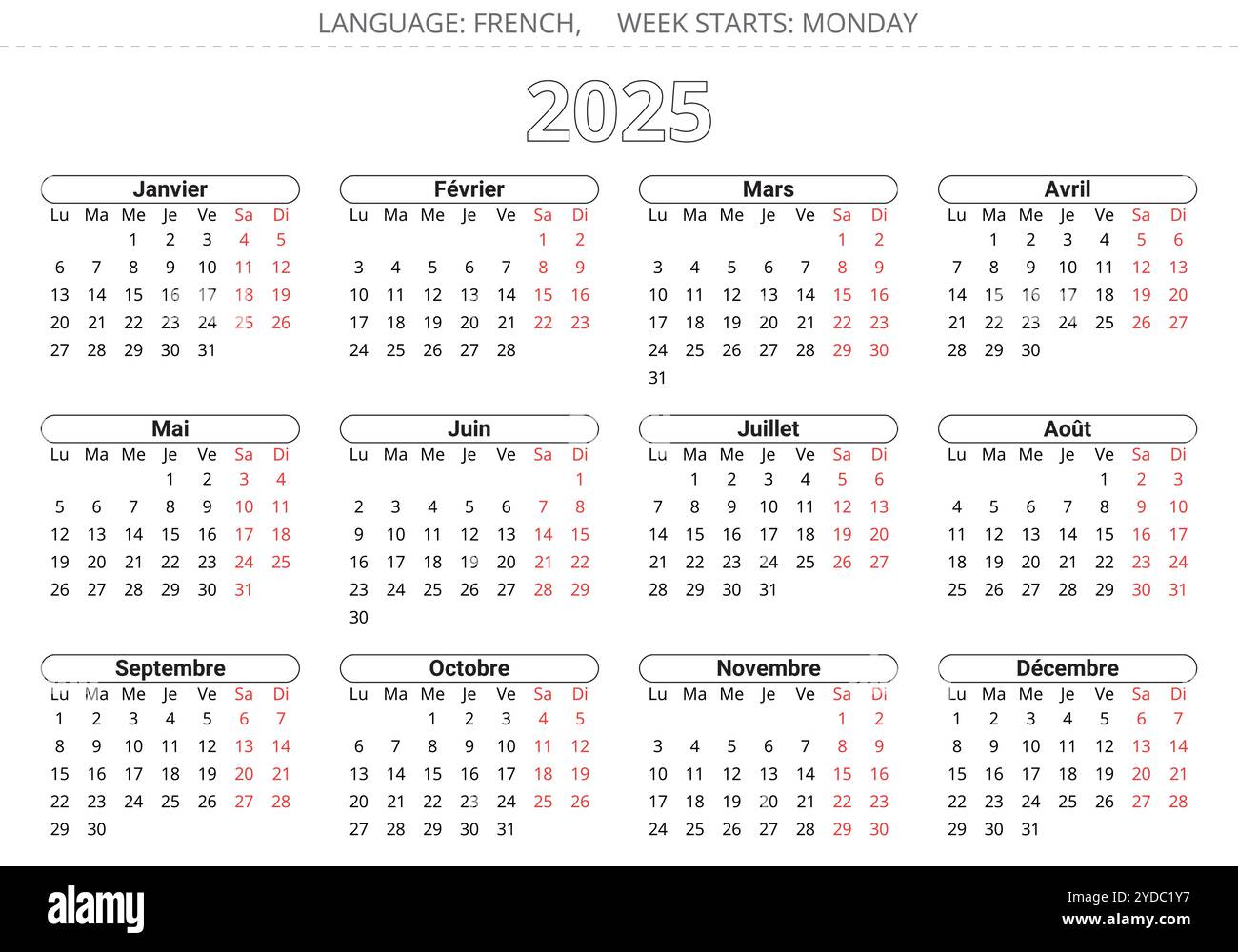 2025 french calendar. Printable, editable vector illustration for ...