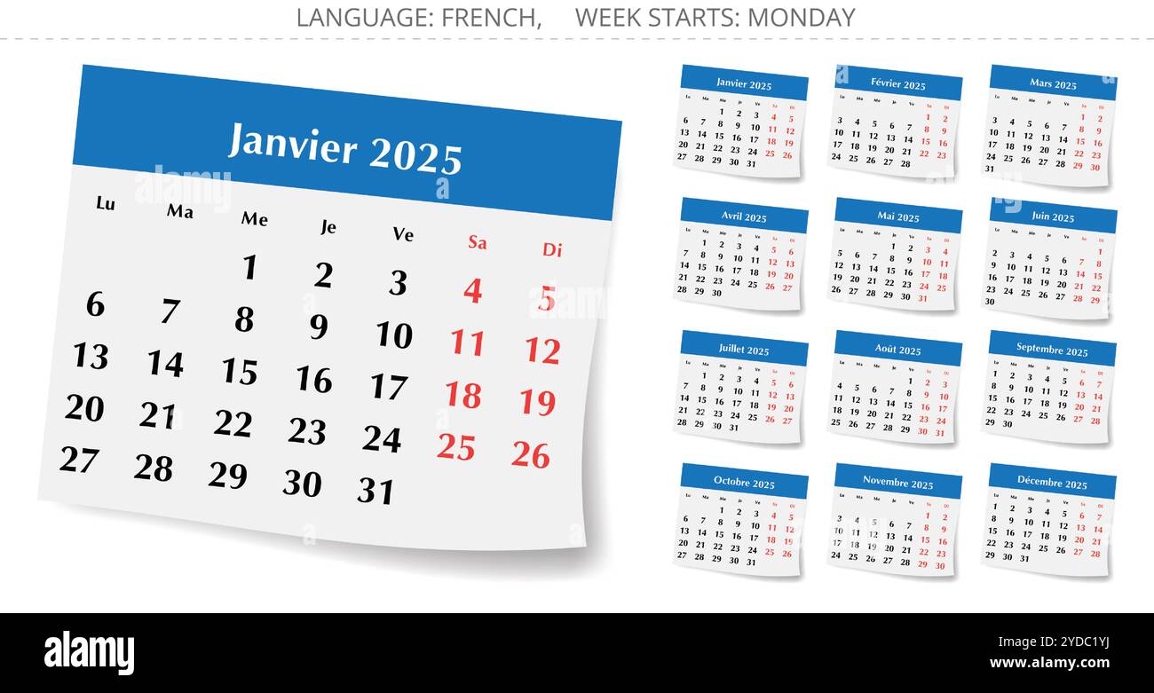 2025 year french calendar. Vector paper page with shadow illustration ...