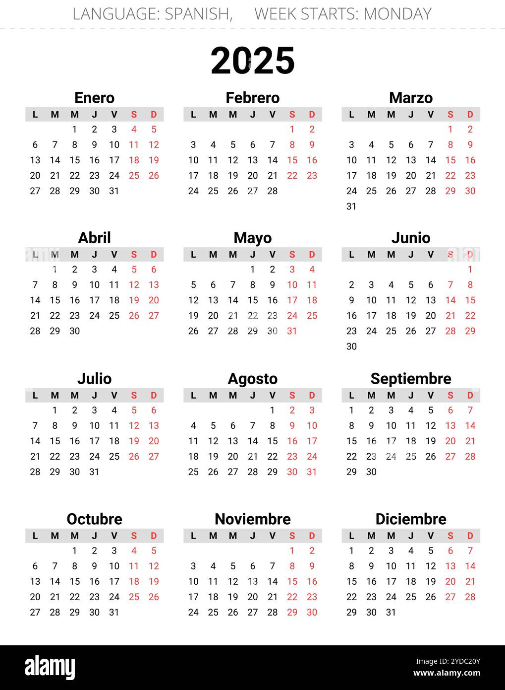 Spanish 2025 year annual business calendar. Printable and editable ...