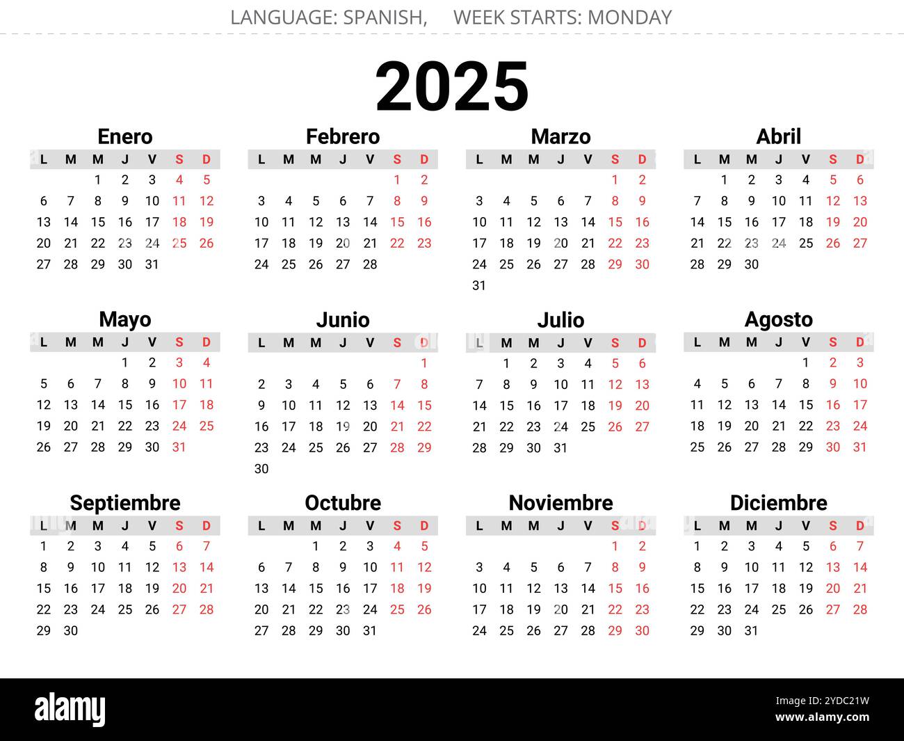 Spanish 2025 year annual business calendar. Printable and editable ...