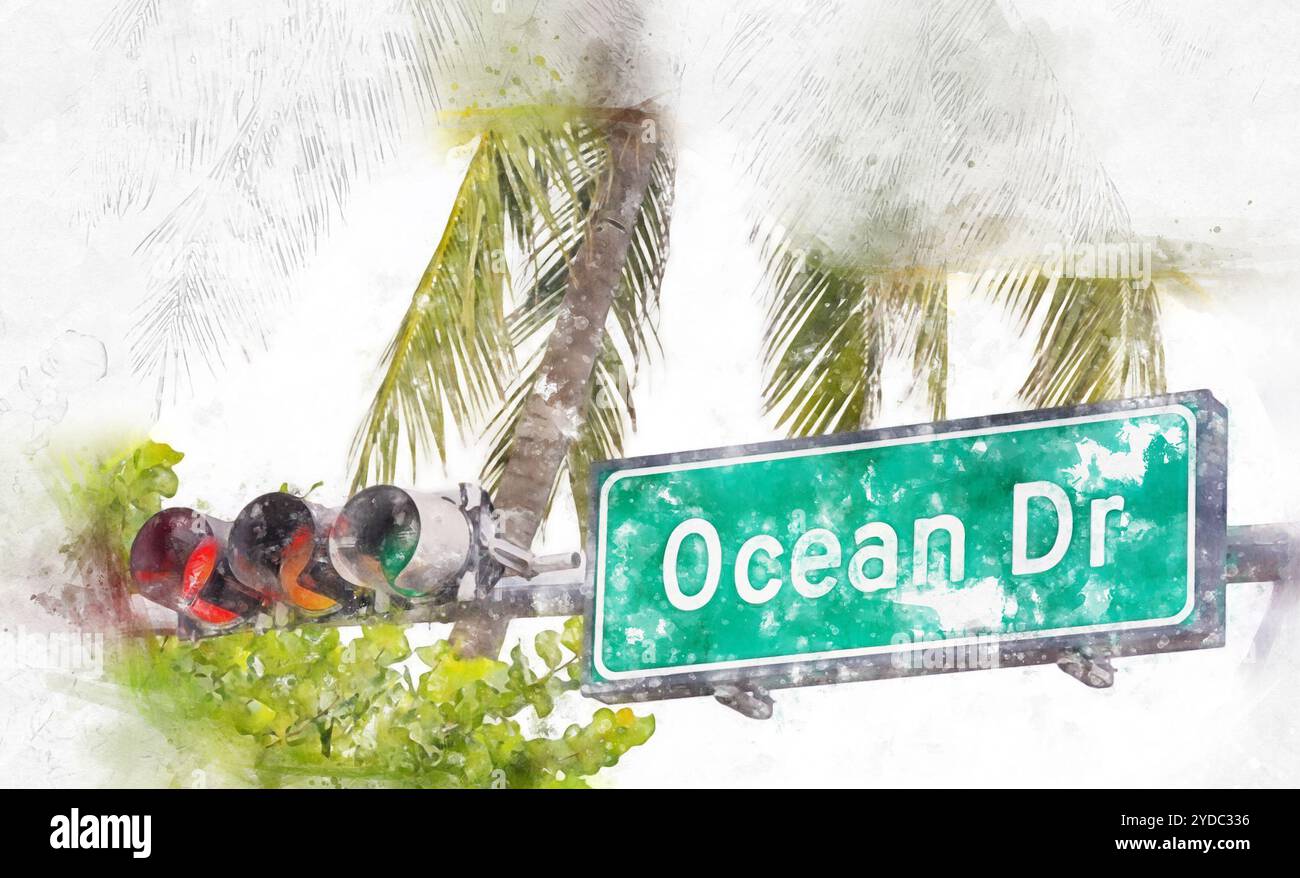 Watercolor painting illustration of Ocean drive street sign in Art Deco ...
