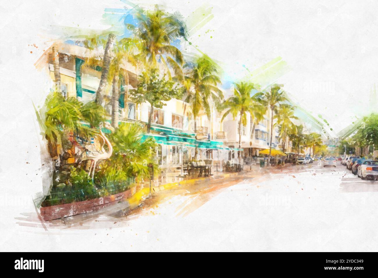 Watercolor painting illustration of famous Ocean Drive street in the ...