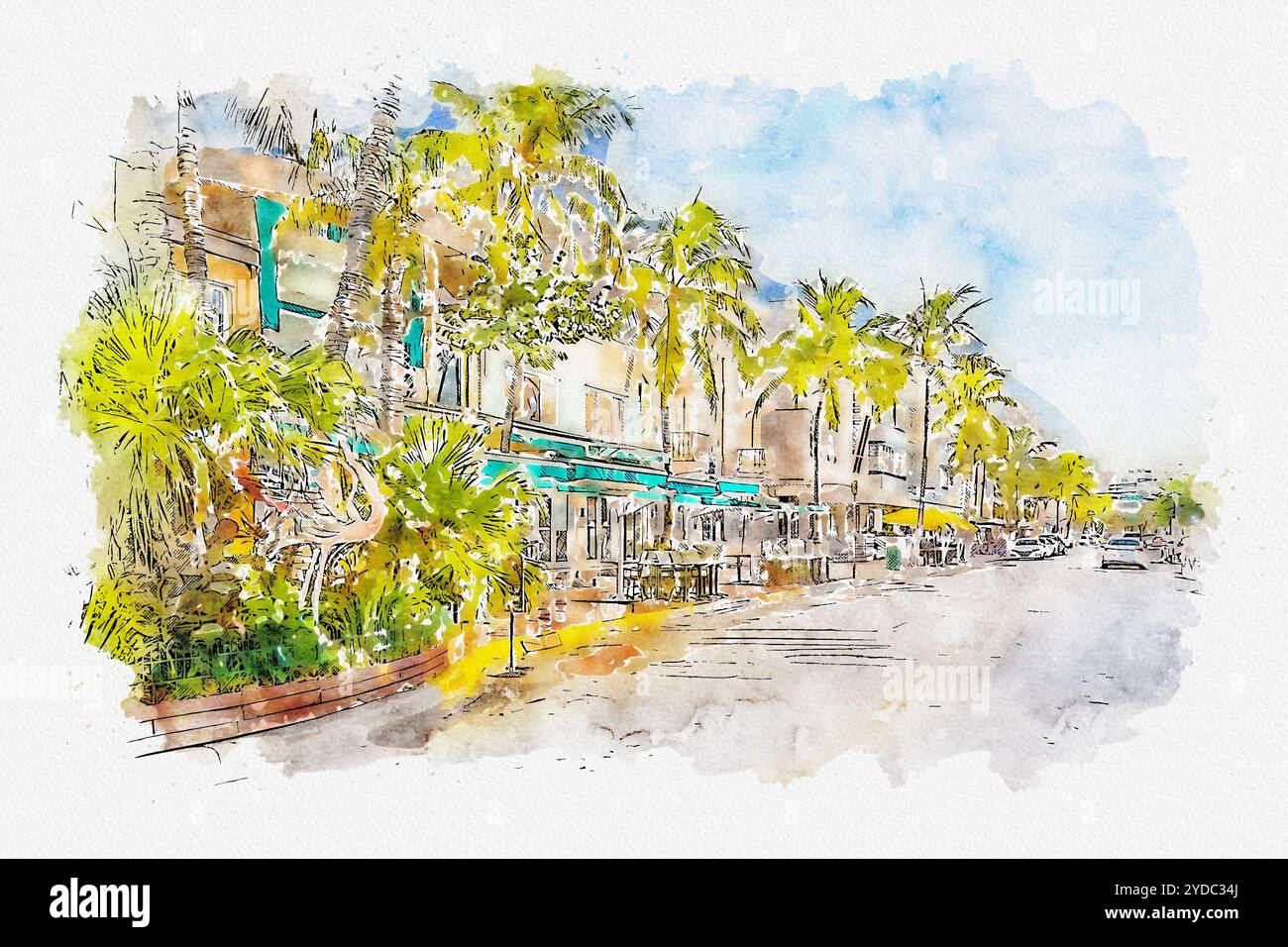 Watercolor painting illustration of famous Ocean Drive street in the ...