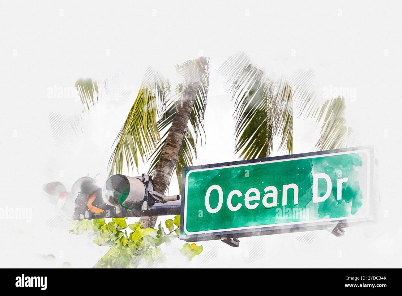Watercolor painting illustration of Ocean drive street sign in Art Deco ...