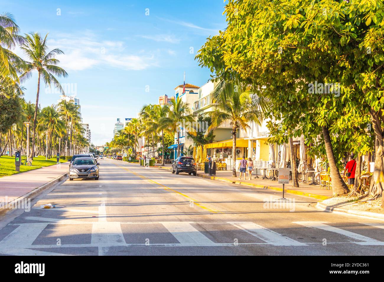 The view of famous Ocean Drive street in the morning in Miami South ...