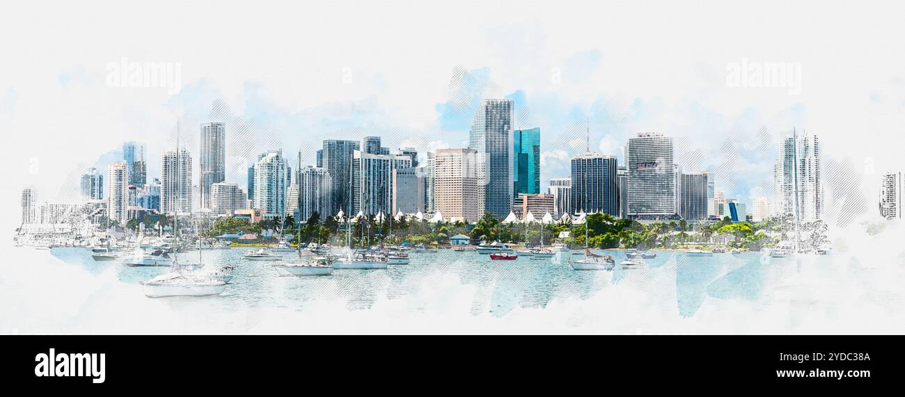 Watercolor digital illustration of Miami Downtown skyline isolated on ...