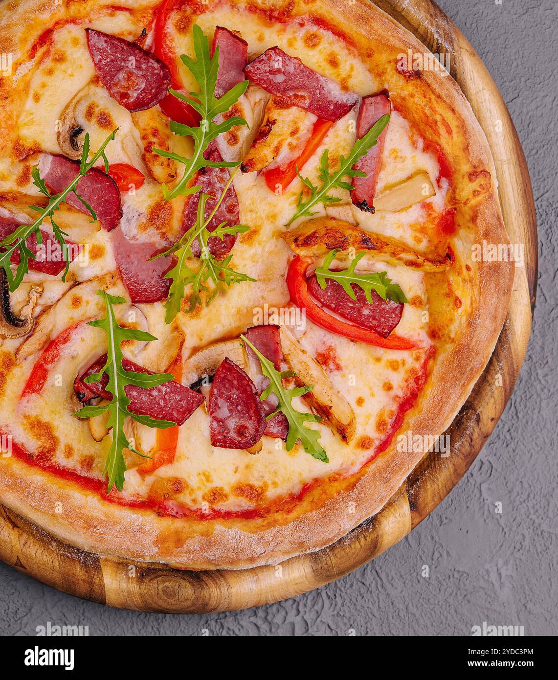 Fresh delicious pizza with three types of meat and sausage hi-res stock ...