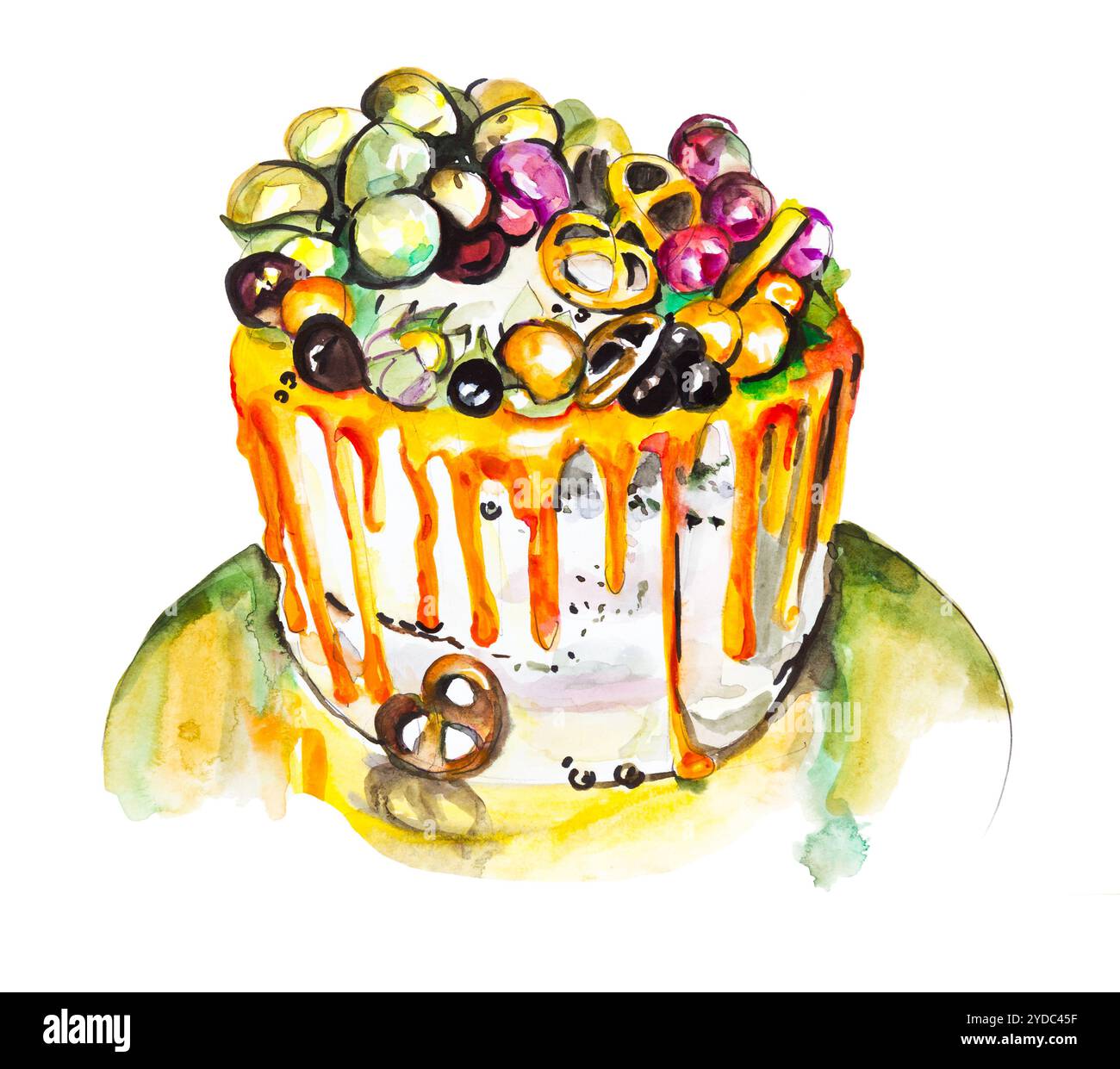 Fruit cake with meringue, watercolor drawing isolated on white ...