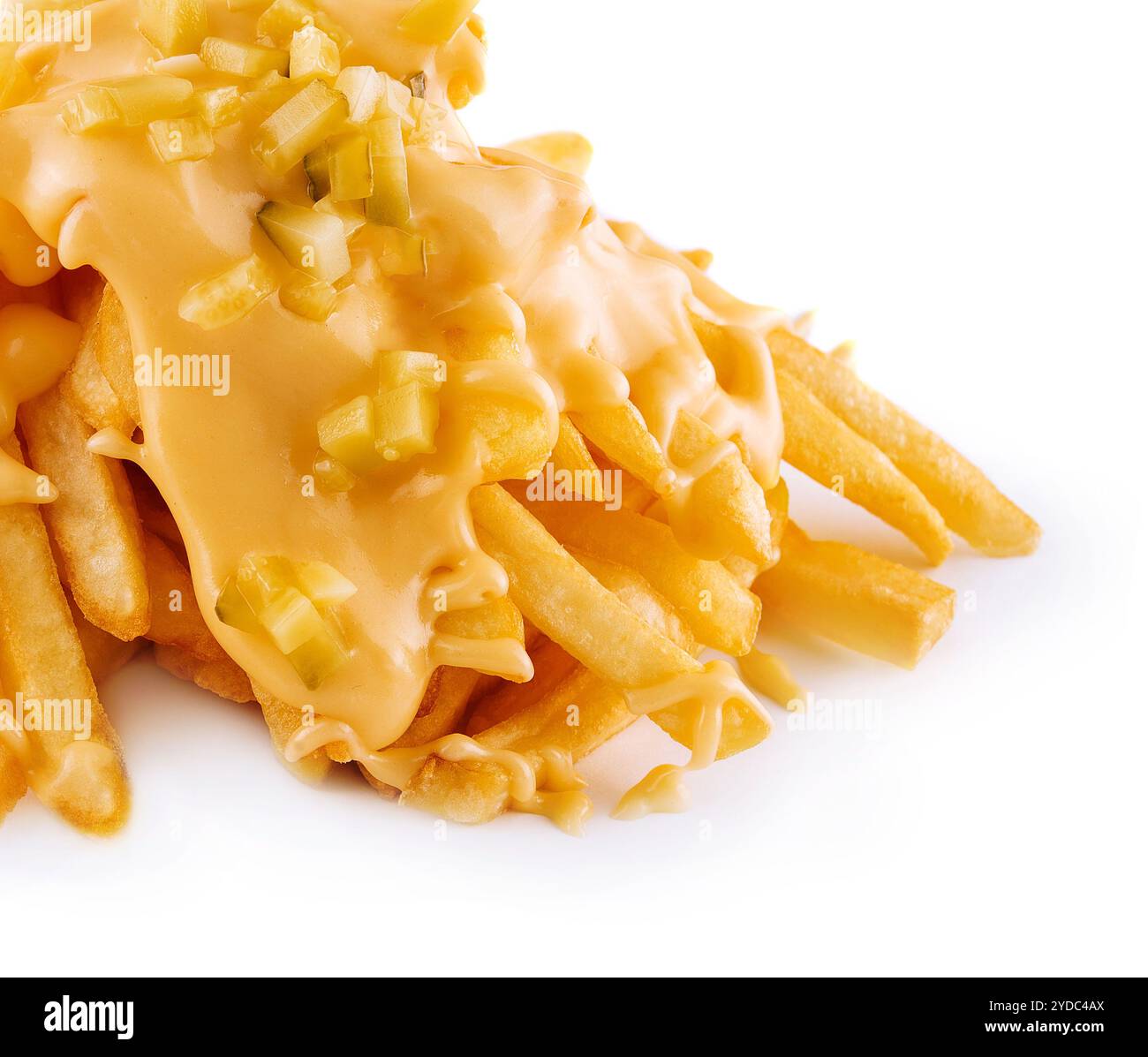 Pouring cheese sauce on french fries on white background Stock Photo ...
