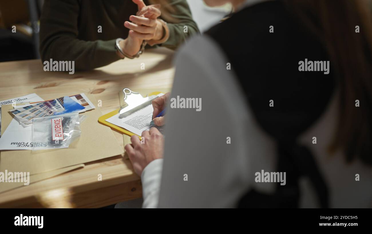 An investigator examines evidence during an indoor questioning session ...