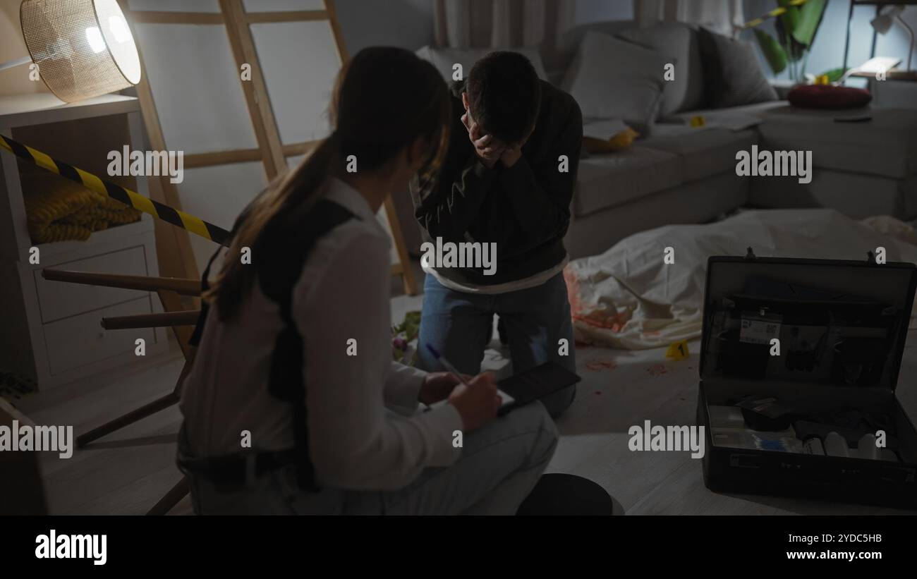 A distressed man talks to a female investigator at a taped-off indoor ...