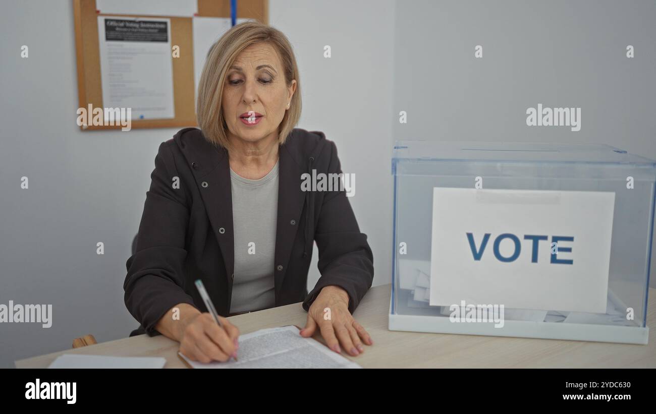 Mature woman in an indoor electoral college room, sitting at a desk ...