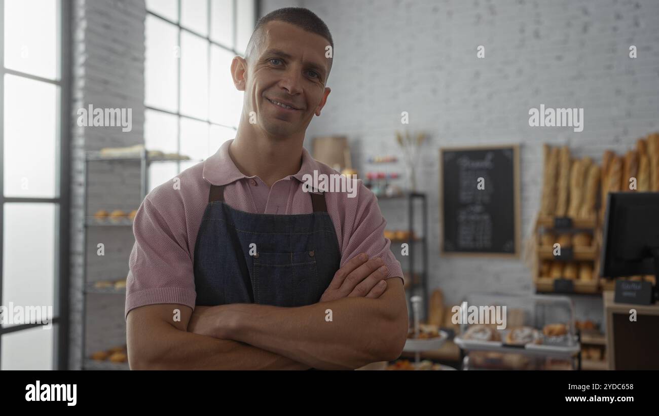 Young man standing confidently in a bakery shop interior with arms ...