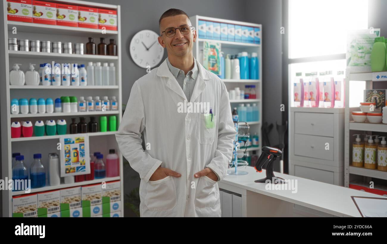 Young man in a pharmacy wearing a white lab coat, surrounded by various ...